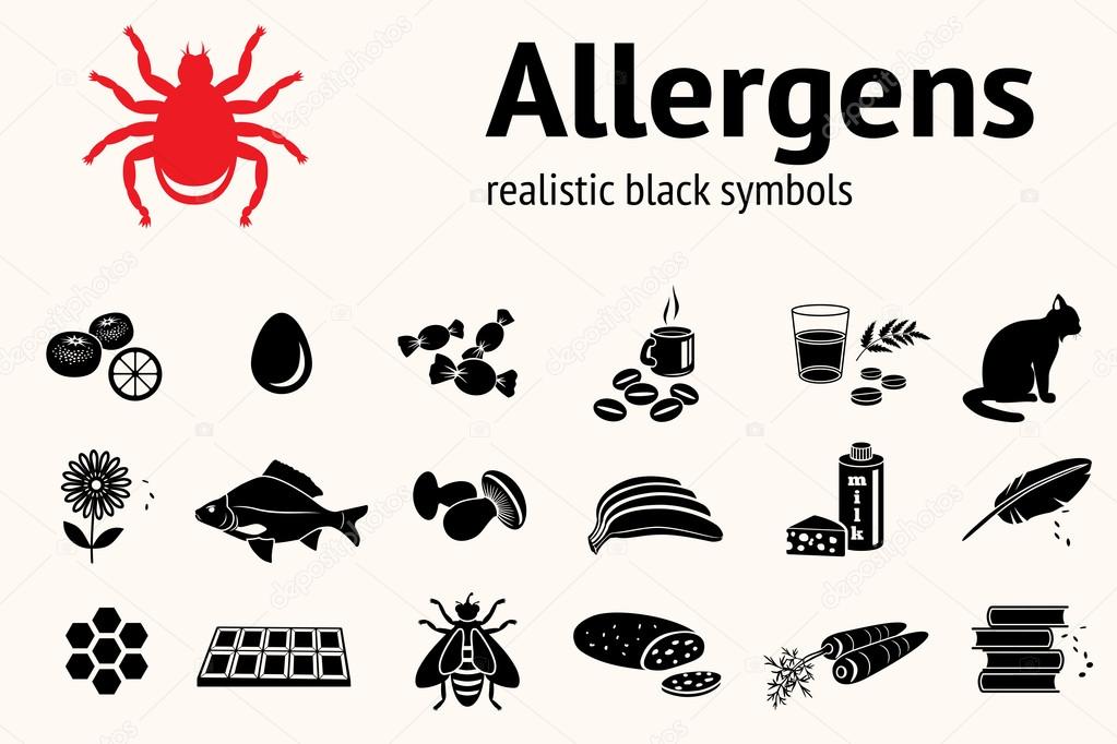 Medical allergy icon set. Food and common allergens symbols. Fish cat ...