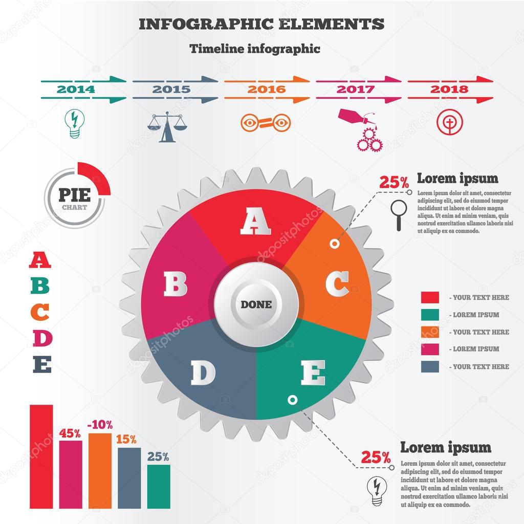 Infographics elements set. Pie chart and timeline diagram with icons ...