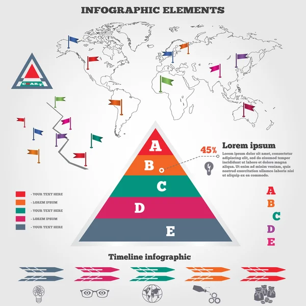 Infographics elements. Pyramid chart, map and timeline diagram with ...