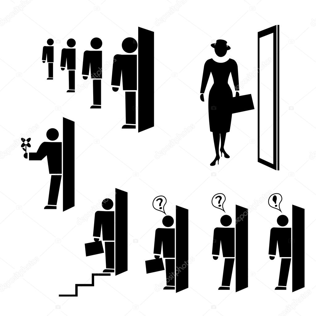People icon set. Exit, entrance, search symbols. Black silhouette on ...