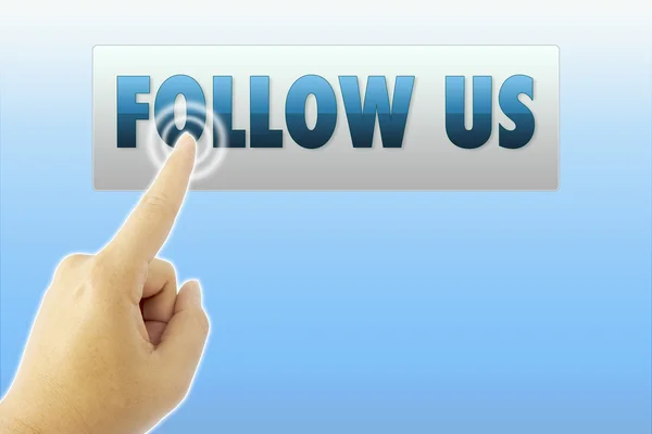 touching follow us sign on blue screen - Stock Image - Everypixel