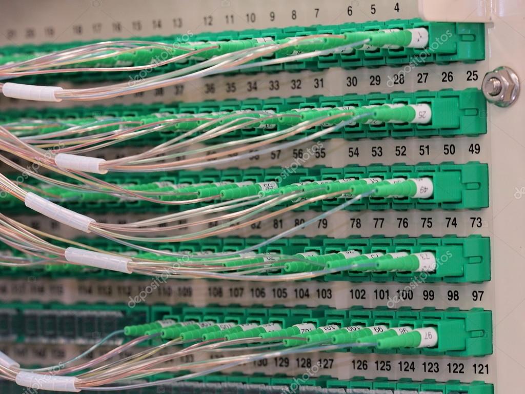 Conectores de fibra óptica en la parte posterior de un panel de ...