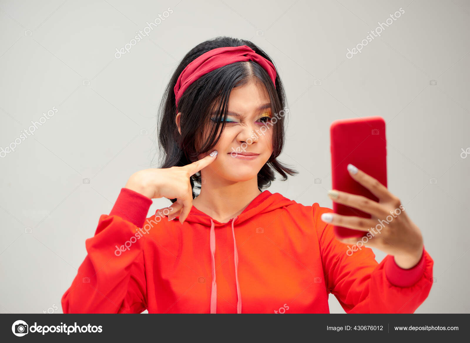 Portrait Pretty Girl Taking Selfie Isolated White Background Stock