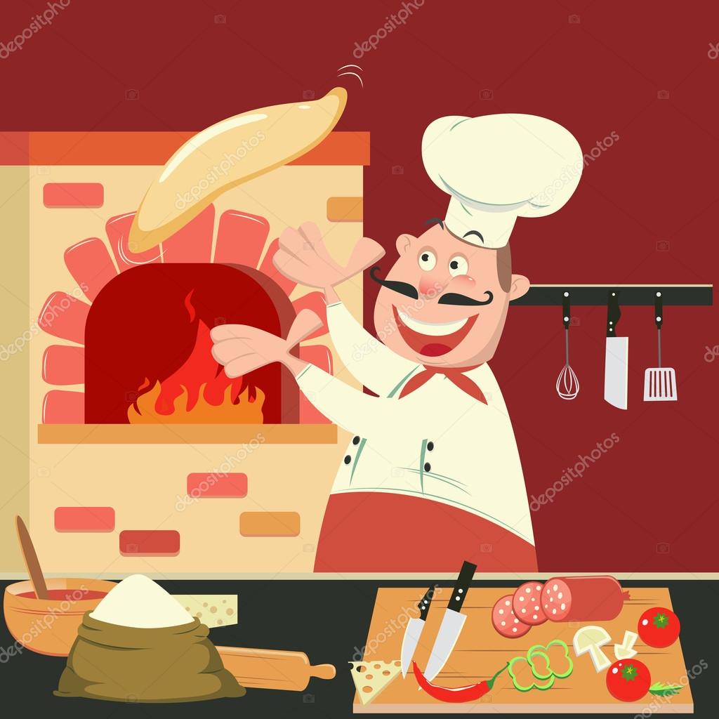Chef está haciendo pizza en el horno. Cocina de Pizzería. Ilustración ...