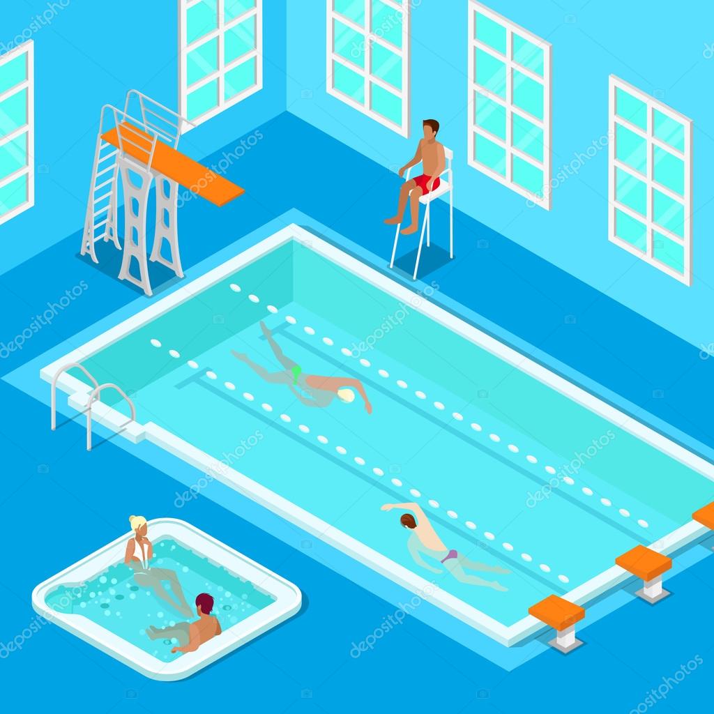 Indoors Swimming Pool with Swimmers, Lifesaver and Jacuzzi. Isometric ...
