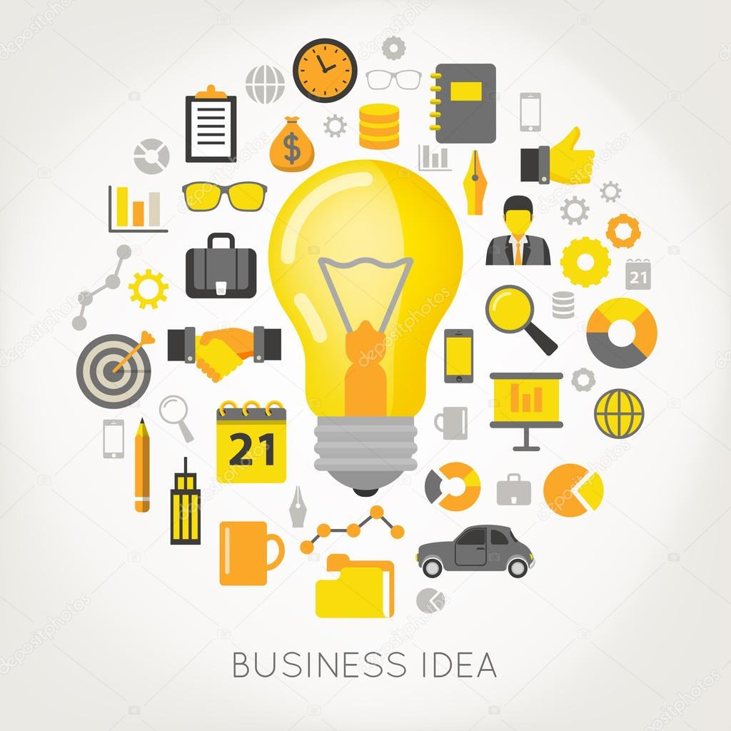 Business Idea Concept Light Bulb and Creative Icons Set. Vector ...