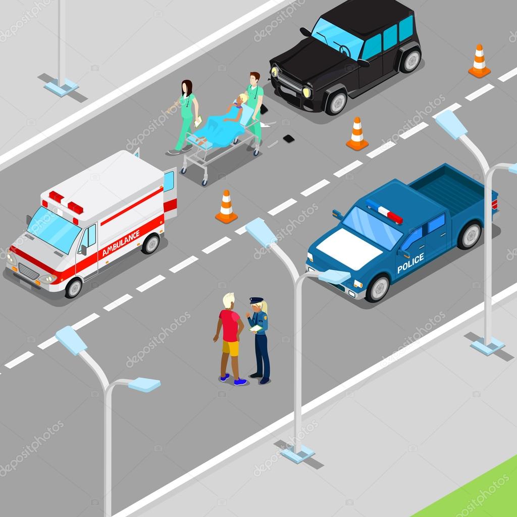 Isometric City Car Accident with Ambulance and Police Vehicle. Vector ... Isometric City Car Accident with Ambulance and Police Vehicle. Vector ...