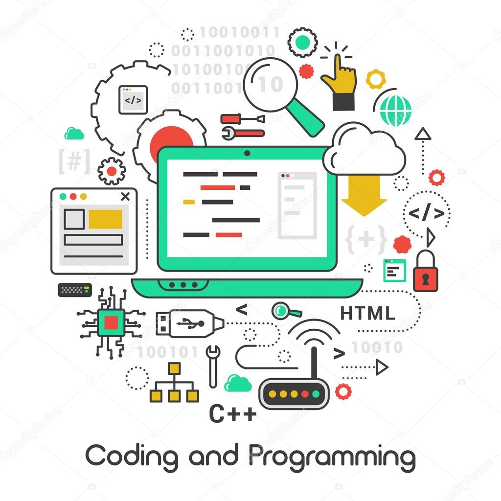 Coding and Programming Line Art Thin Vector Icons Set with Laptop and Computer Languages — Stock ...