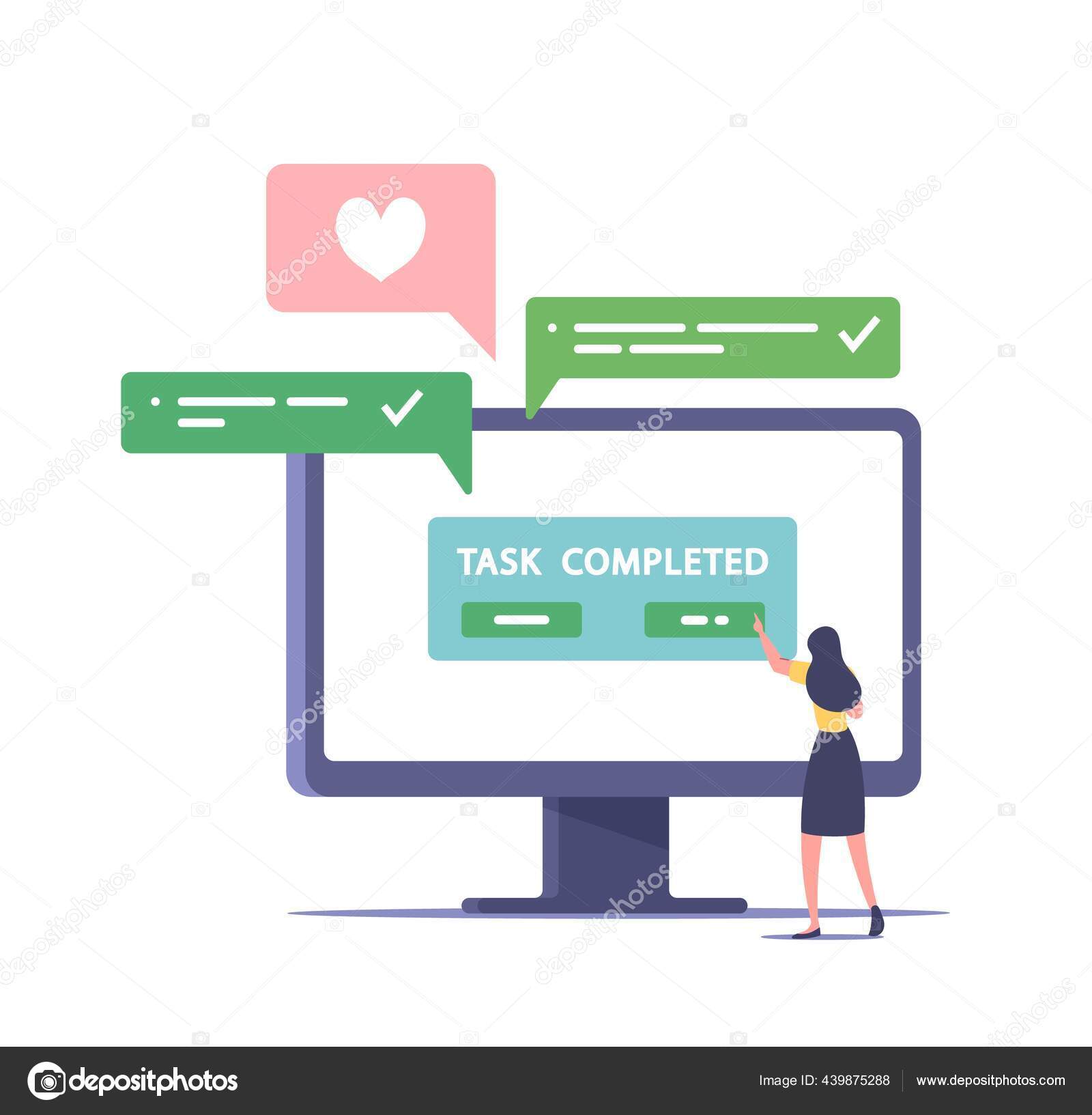 Successful Work Well Done. Tiny Business Woman Character Put Button ...