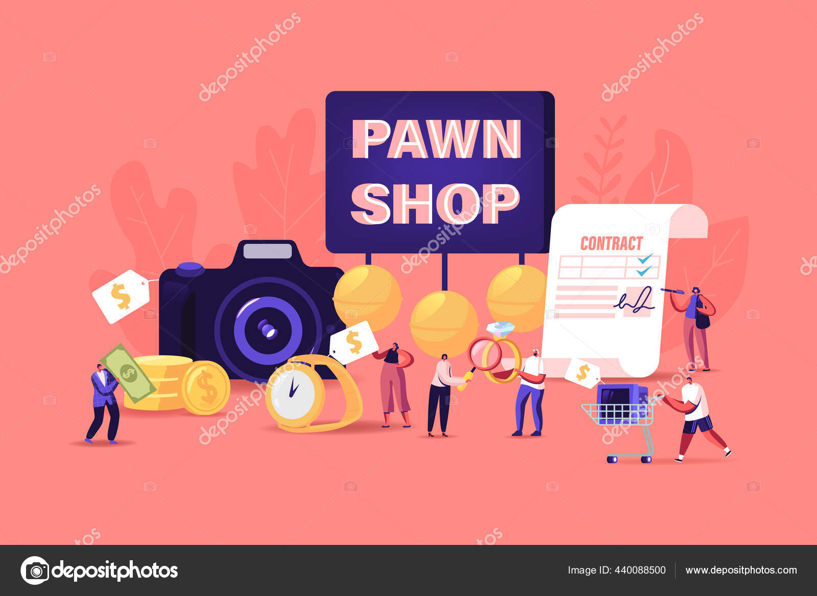Characters Bring Jewelry and Technique Scrap to Pawn Shop Concept. Buy ...