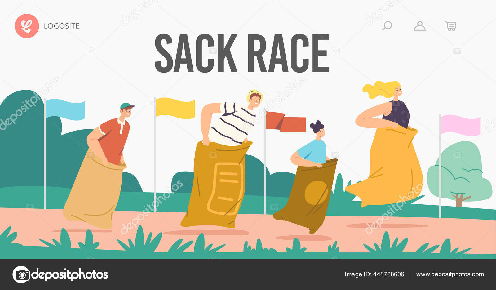 Sack Race Landing Page Template. Happy Family Characters Mother, Father ...