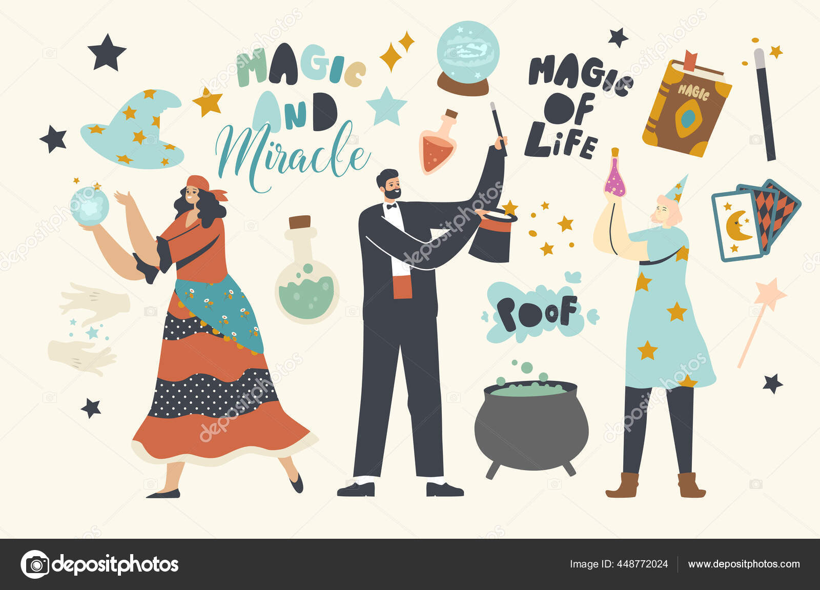 Circus Magicians Performing Tricks with Top Hat, Crystal Ball and ...