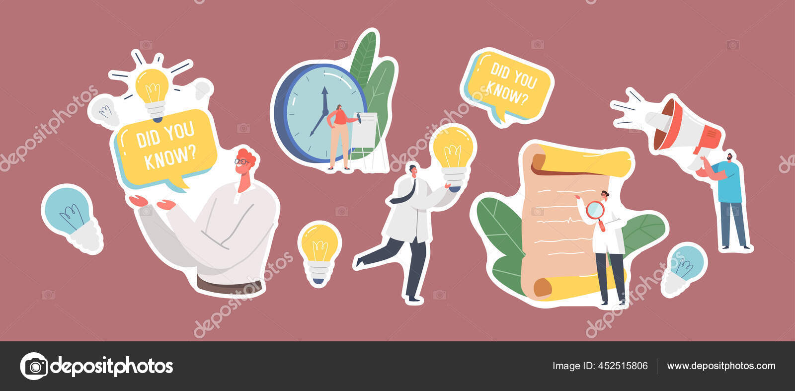 Set of Stickers Interesting Facts Theme. Scientists with Magnifier and ...