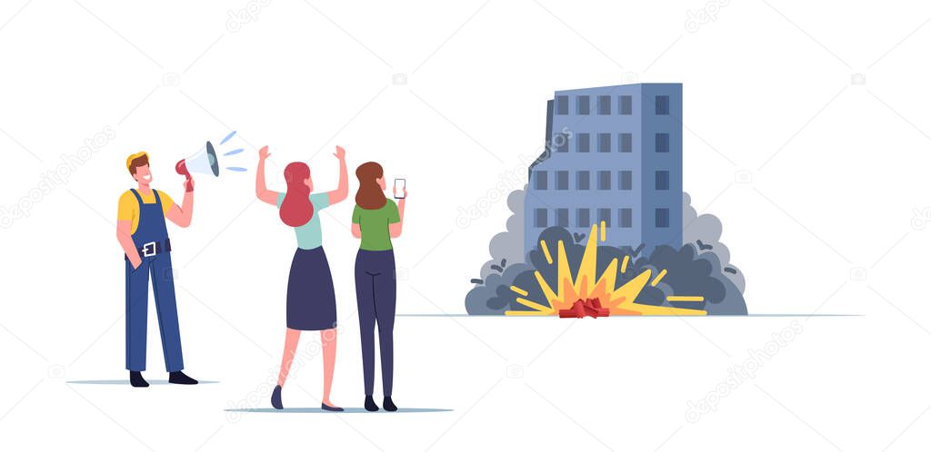 Carácter masculino trabajador en uniforme con altavoz y mujeres con ...