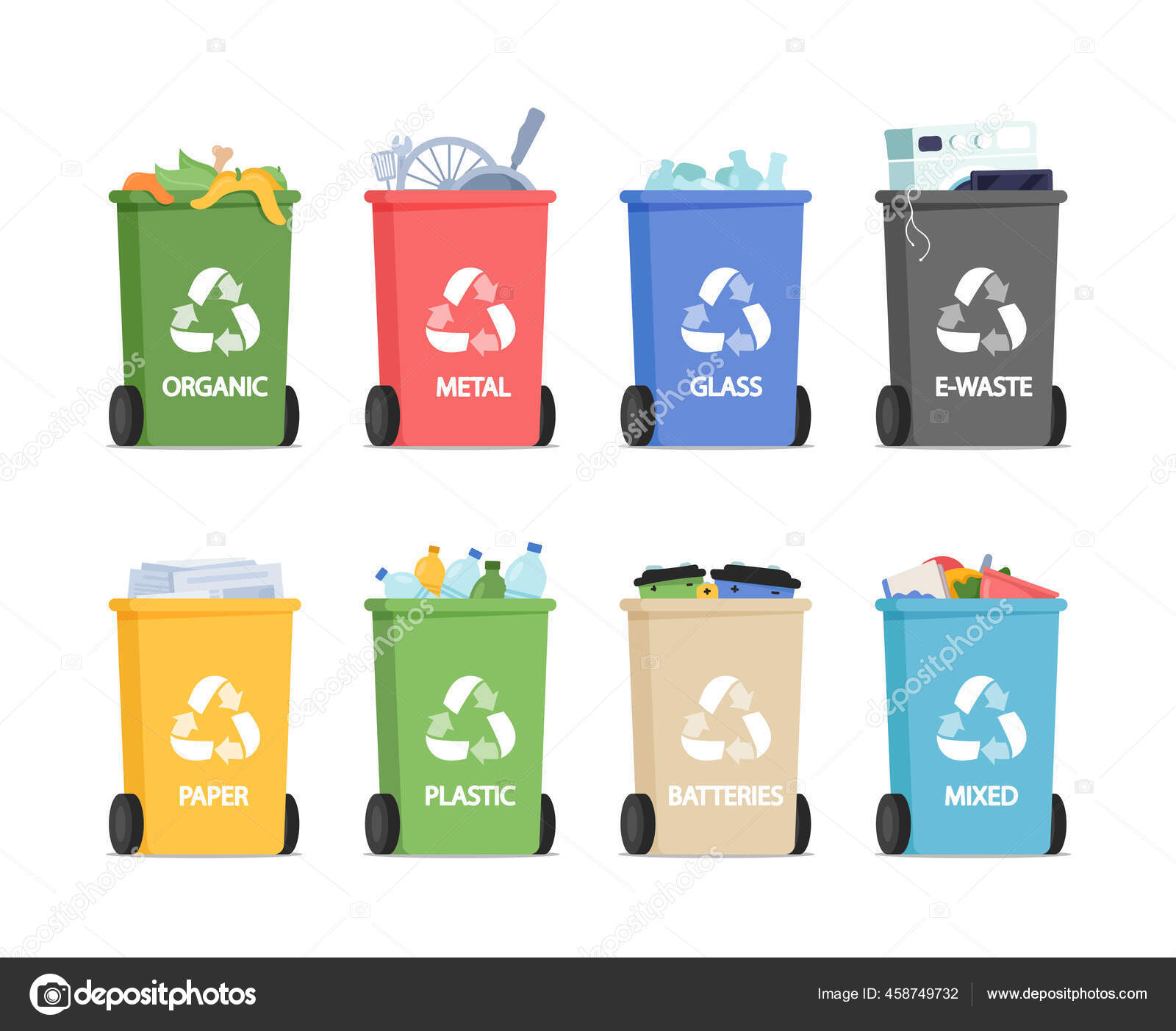 Recycling Bins for Separated Garbage Organic, Metal, Glass with E-Waste and Paper or Plastic ...