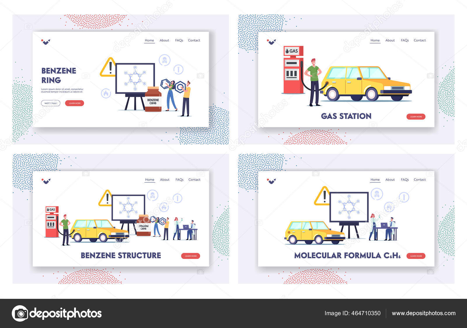 Benzene Structure Landing Page Template Set. Characters on Gas Station ...