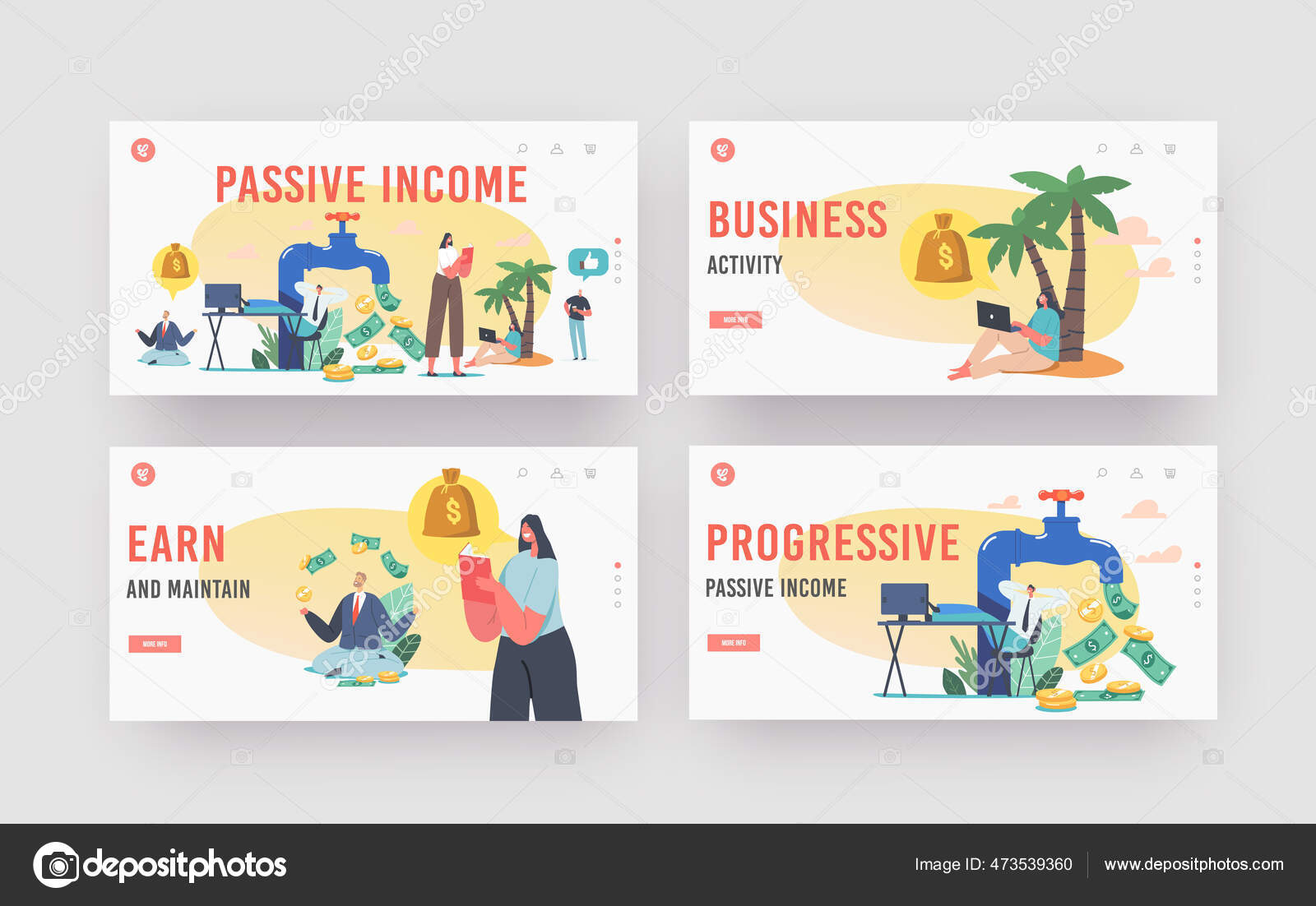 Passive Income Landing Page Template Set. Tiny Characters around Huge ...