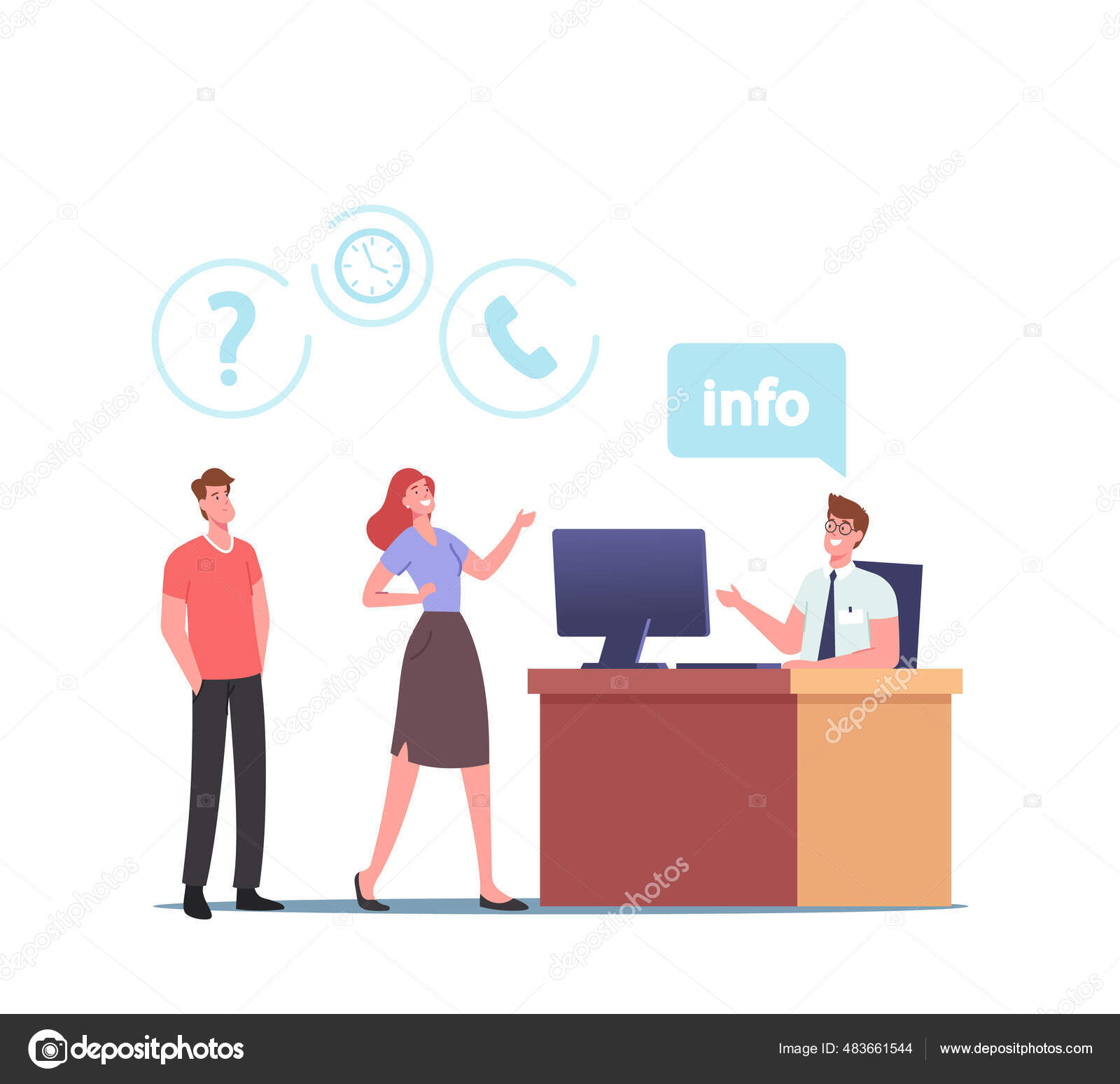 Characters Use Info Desk Service. People Stand at Receptionist Table ...