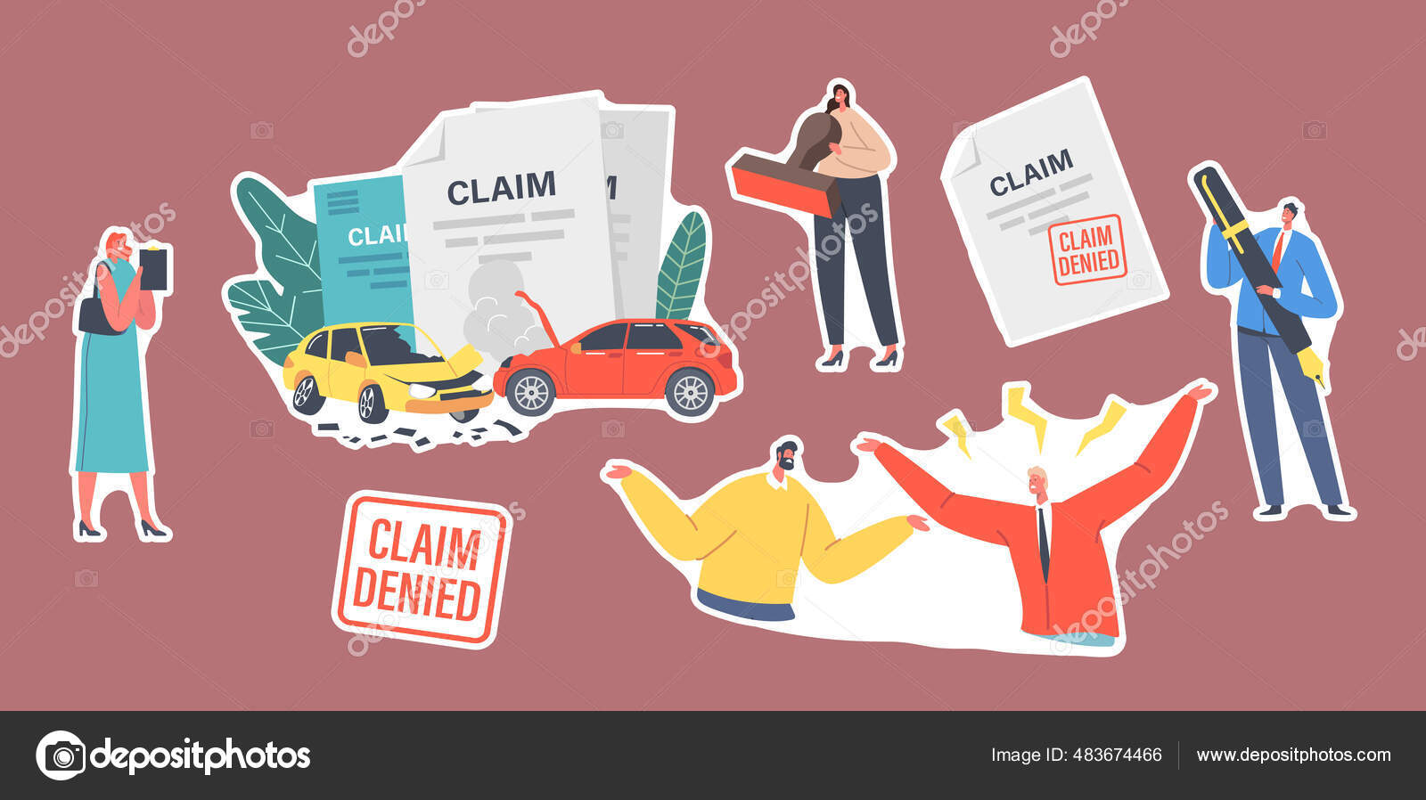 Set of Stickers Insurance Claim Denied Theme. Car Accident. Characters ...