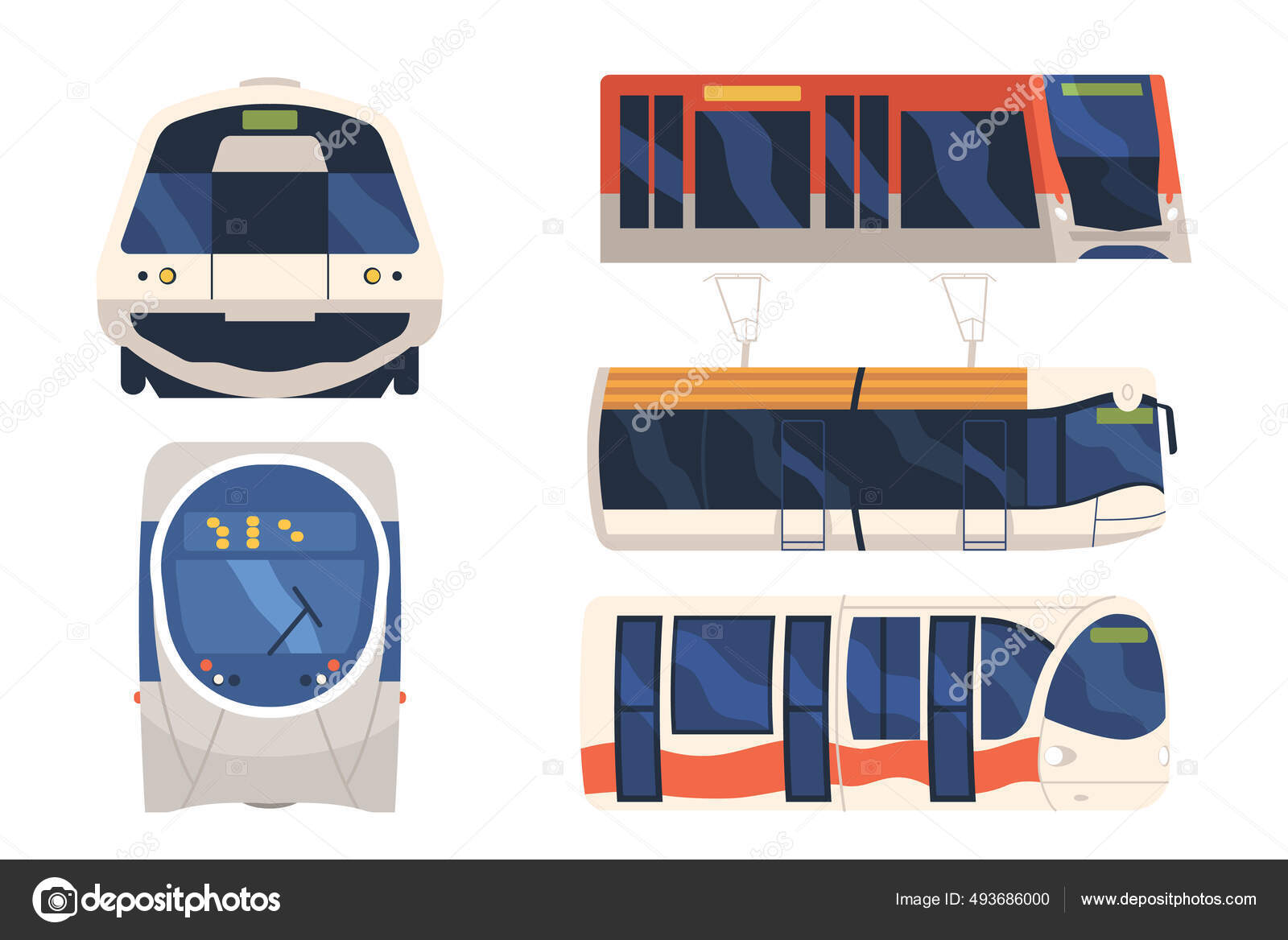 Set Train, Tram, Metro Front and Side View Isolated Transport. Urban ...