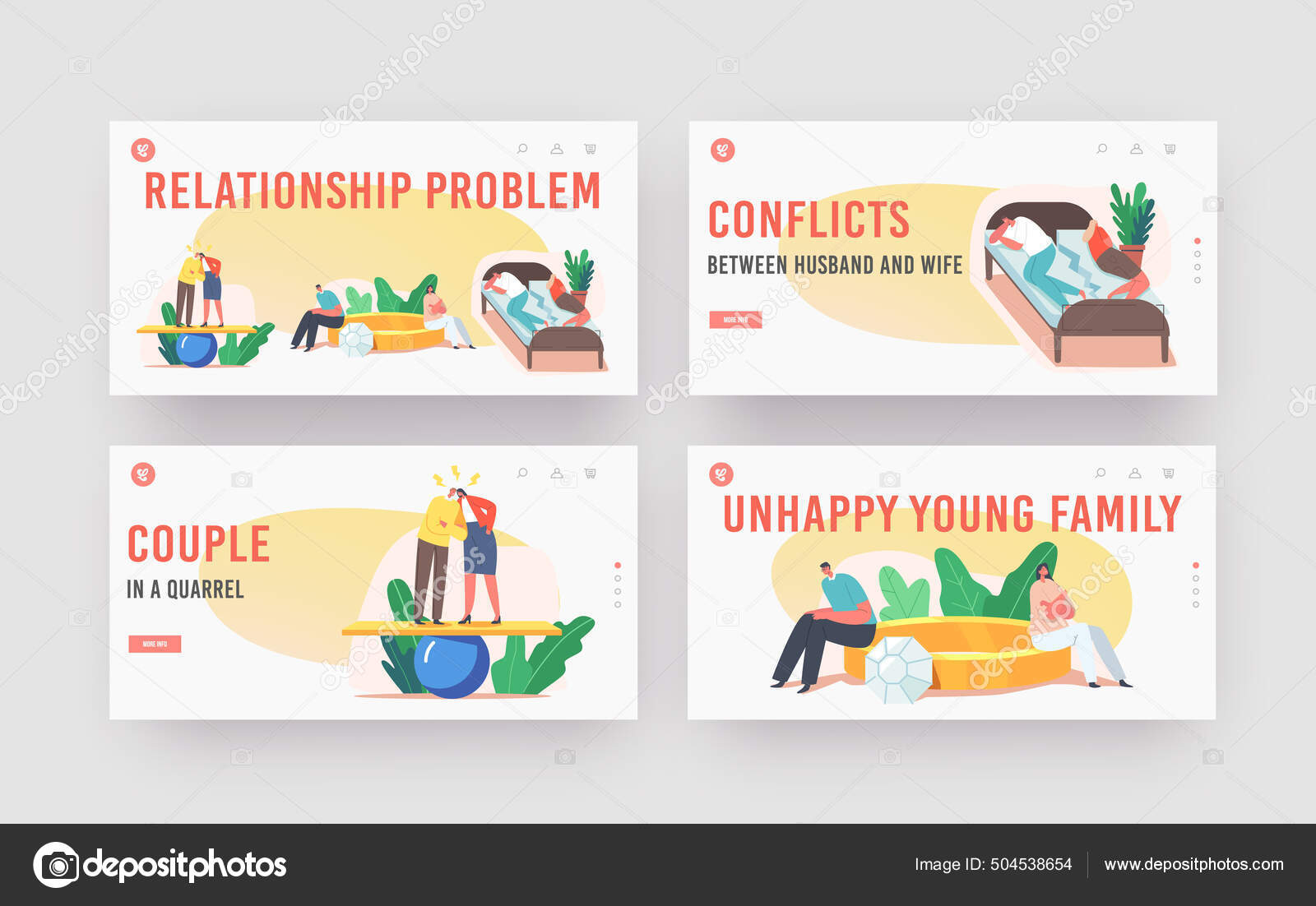 Relation Problems Landing Page Template Set. Couple Troubles, Quarrel ...