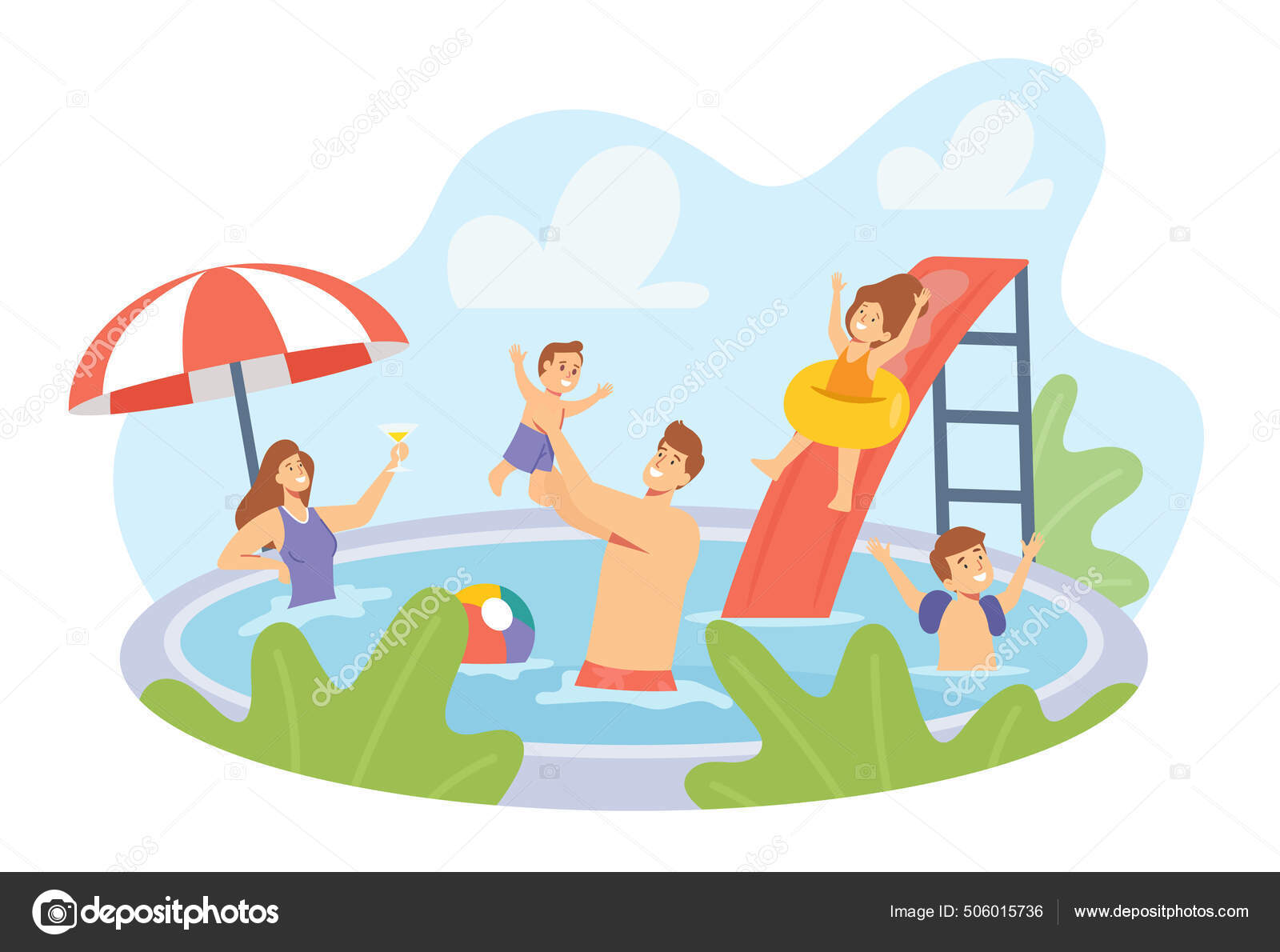 Happy Family Characters Having Rest in Swimming Pool. Mother, Father ...