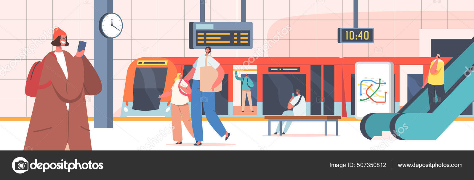 Mensen op metrostation met trein, roltrap, kaart, klok en digitale ...