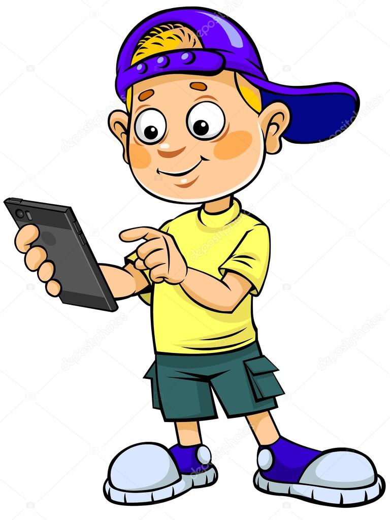 Enfant de dessin animé avec téléphone portable — Image vectorielle ...