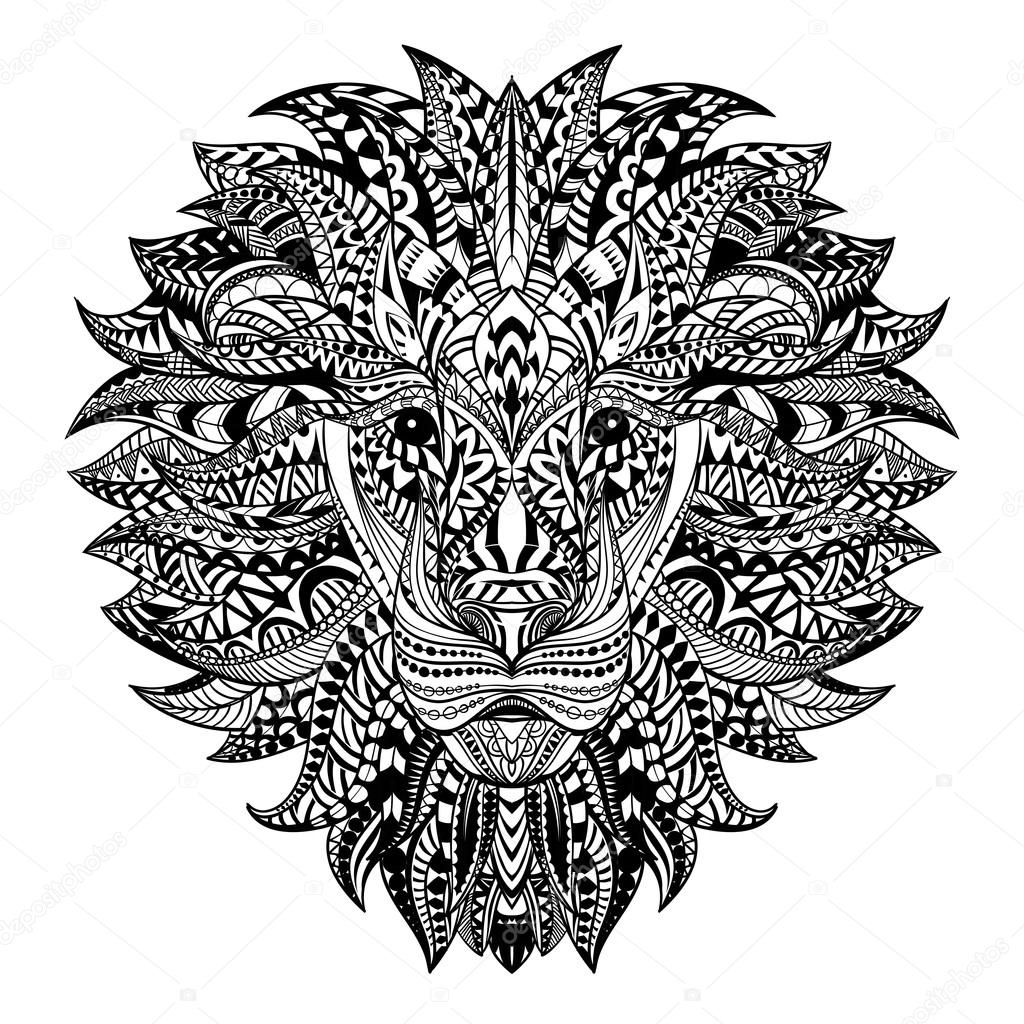 Detailed Lion in aztec style. Patterned head on isolated background ...