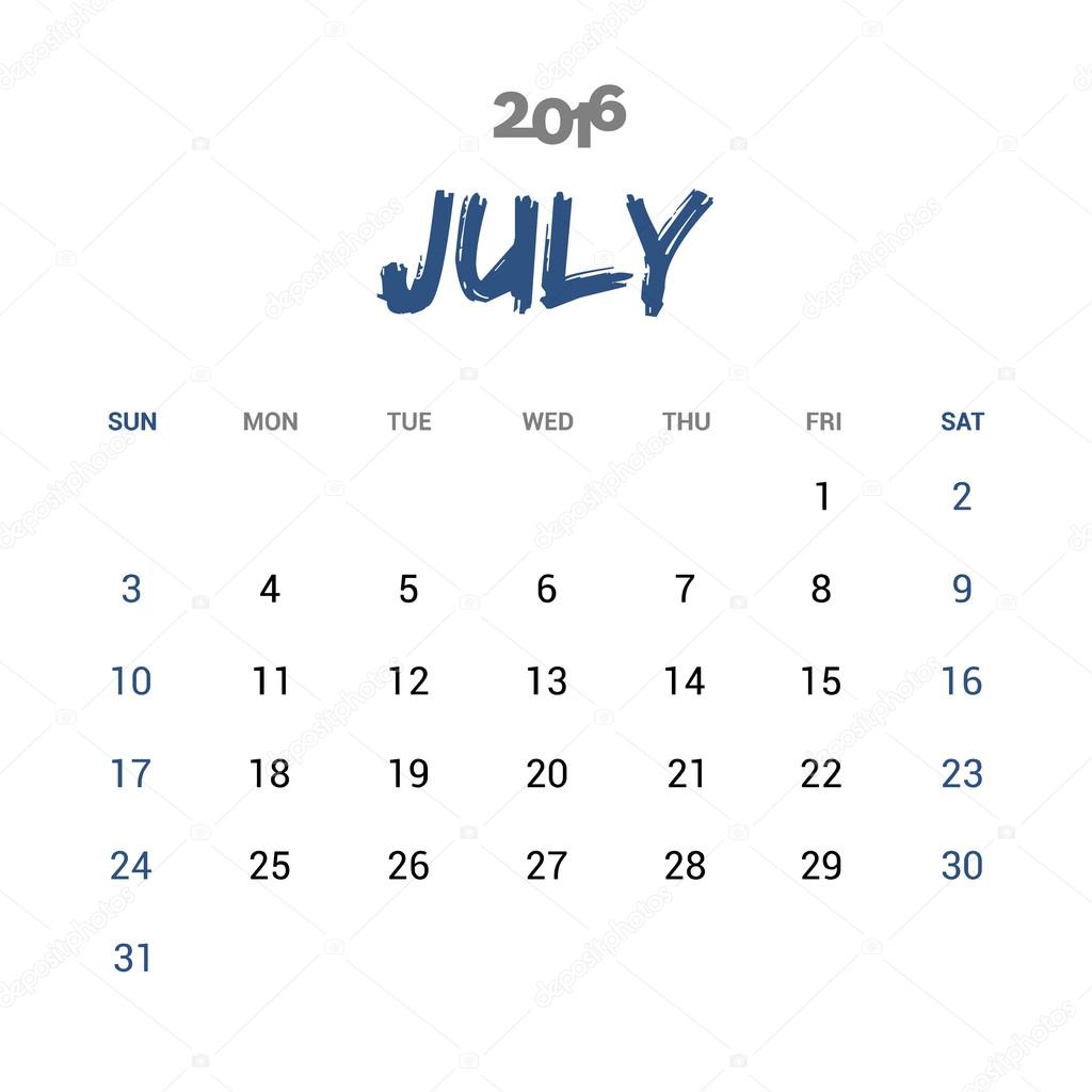 Calendario de julio 2016 Plantilla vector, gráfico vectorial ...