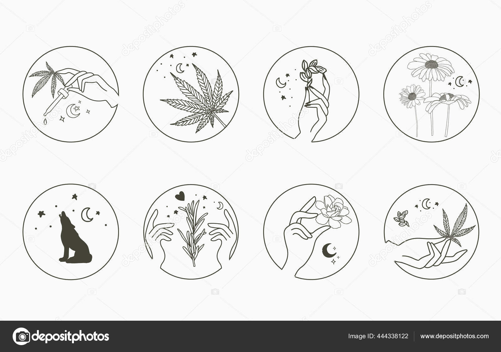 Line Object Collection Hand Cannabis Fox Sunflower Moon Stock Vector ...