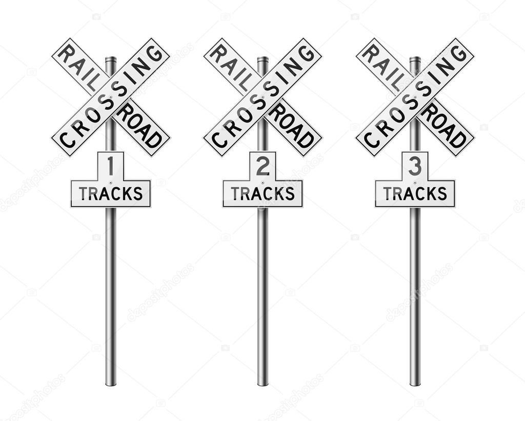Set of 3 road signs, isolated on white background. Railroad. Railway ...
