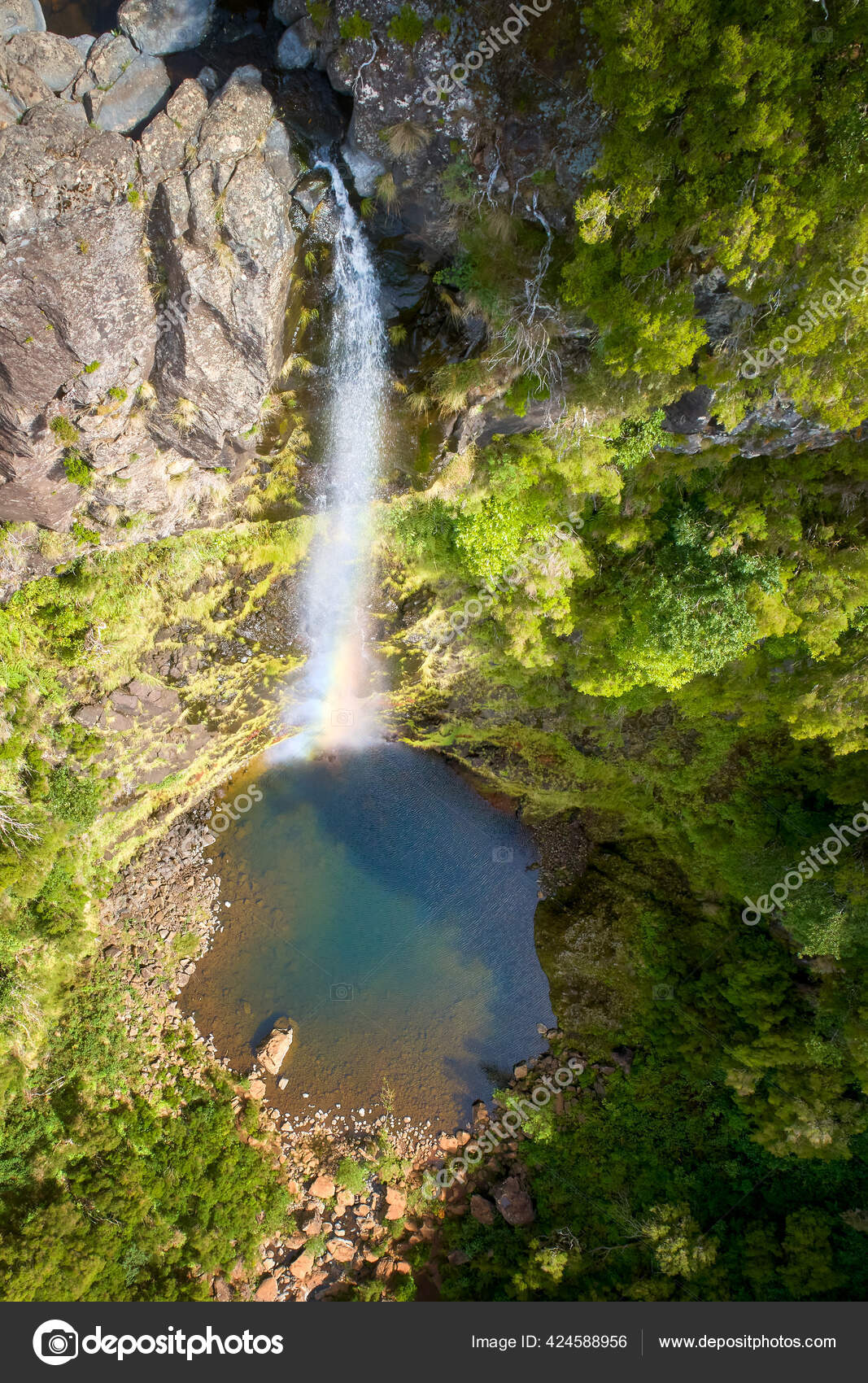 Aerial Vertical View Risco Waterfall Falling Lake Bottom Steep Canyon ...
