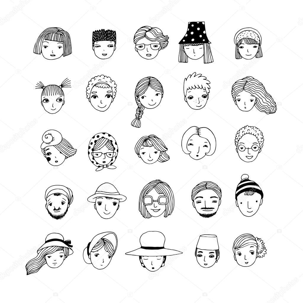 Different faces. Hand drawing isolated objects on white background ...