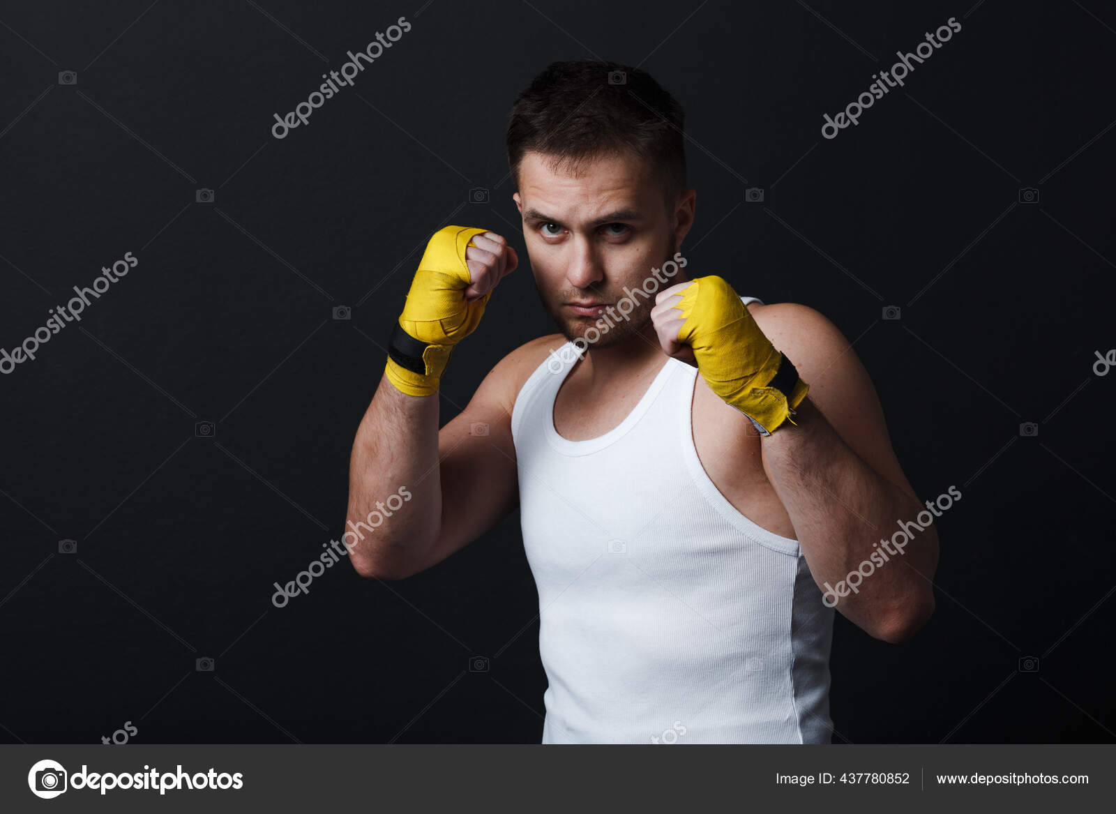 Man bare knuckle fighter stand at black background Stock Photo by ...