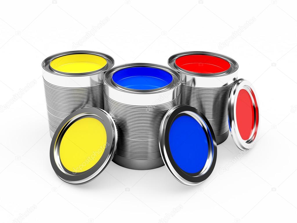 Group open cans with colorful paints on white Stock Photo by ...