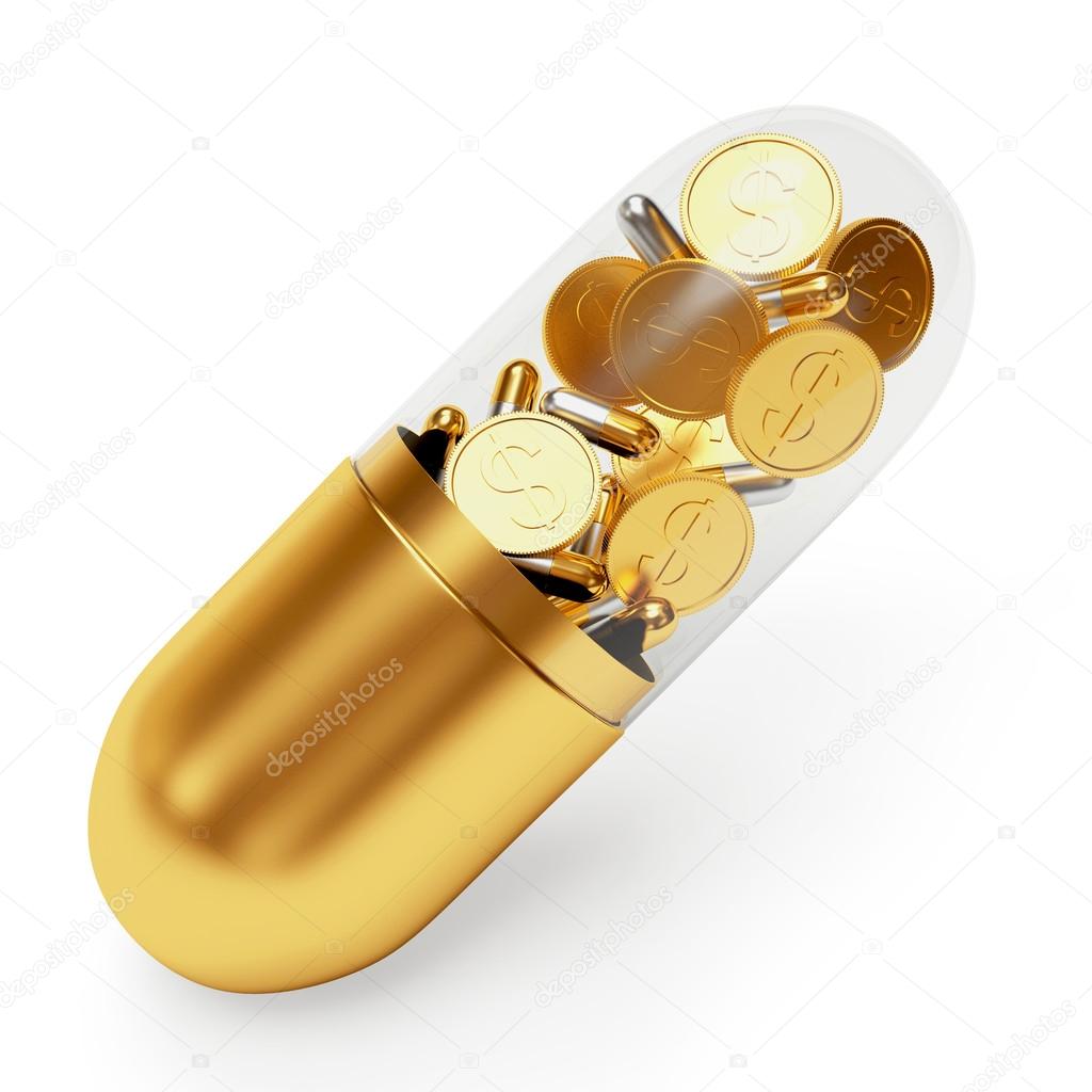Medical transparent capsule with coins and pils Stock Photo by ...