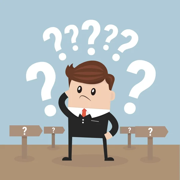 A businessman holds a question in his hand. The symbol of an unresolved ...