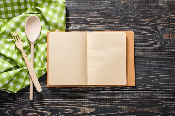 Open recipe book, on dark wooden background, view from the top Stock ...