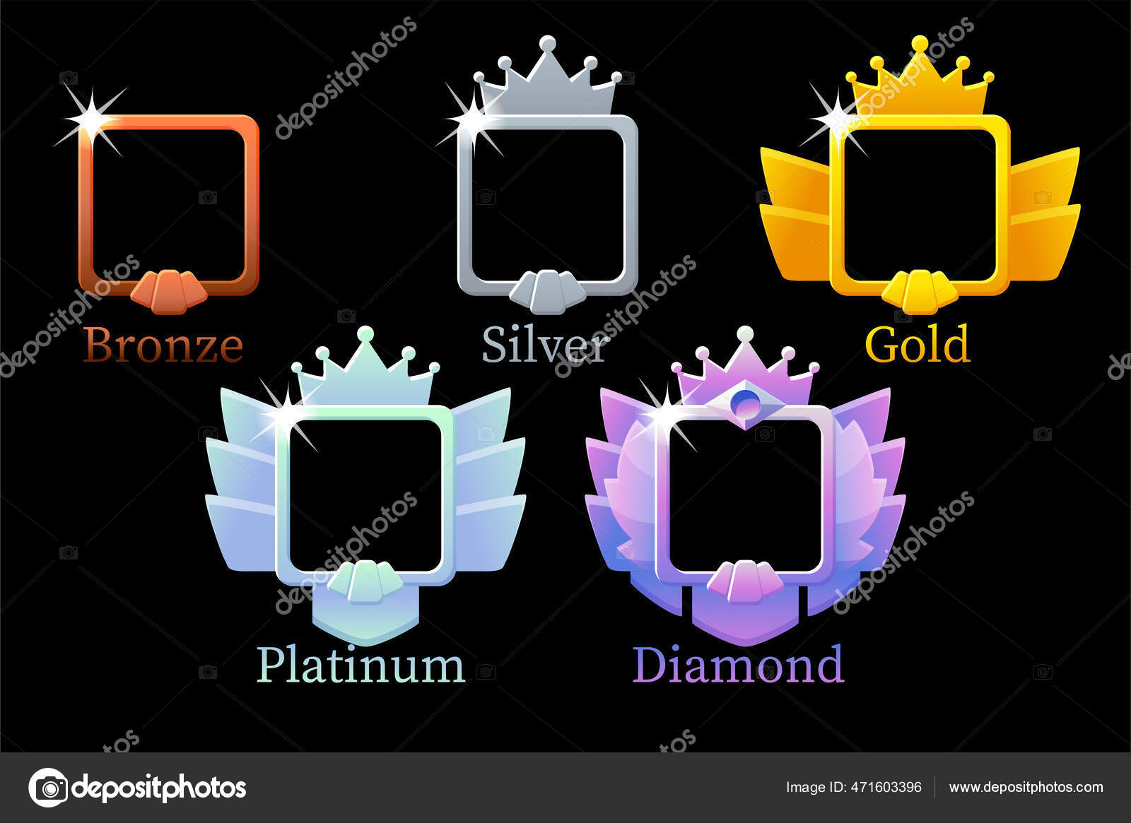Square frames game rank, gold, silver, platinum, bronze, diamond avatar ...