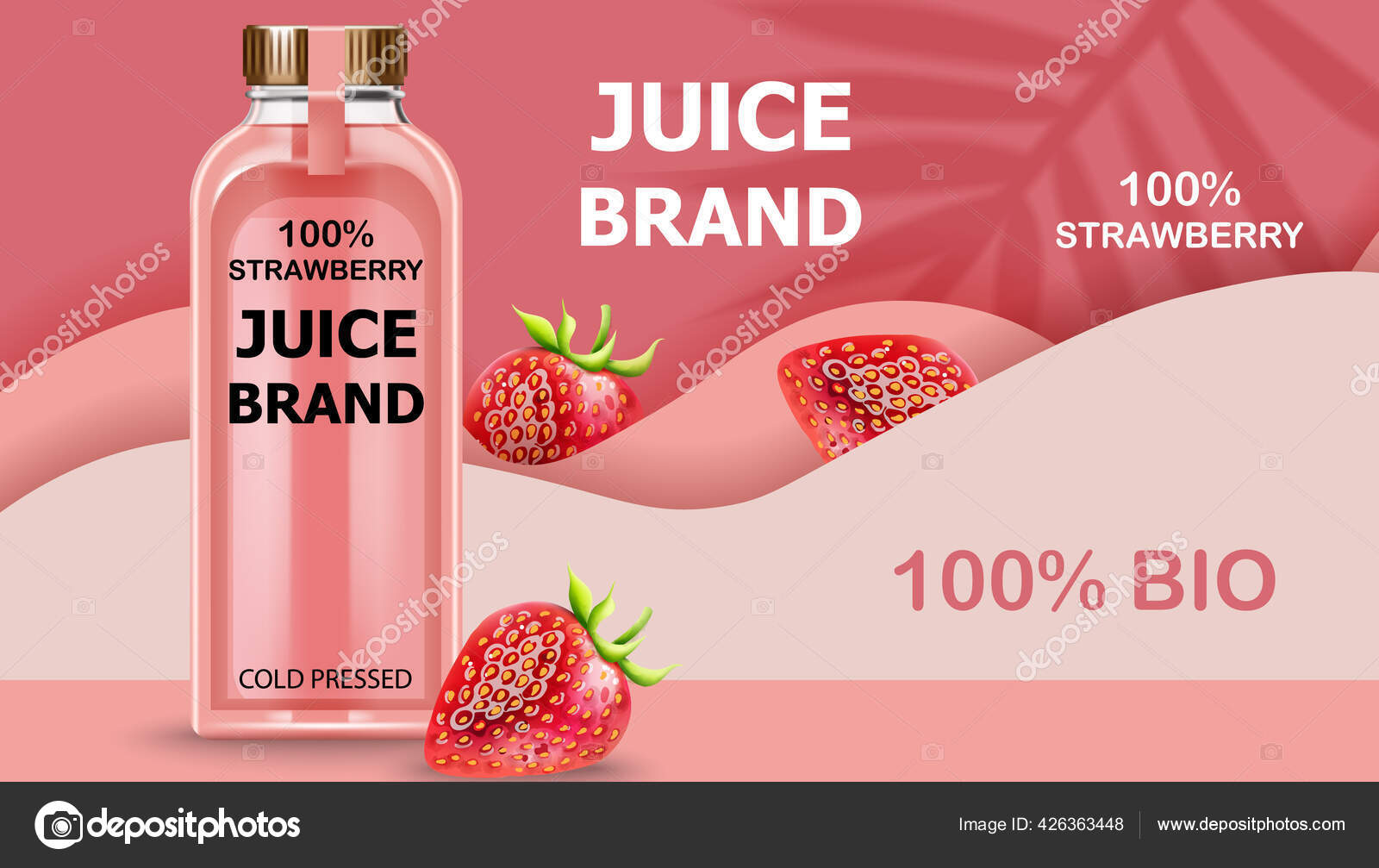 Bottle of cold pressed BIO juice with strawberries and pink waves in ...