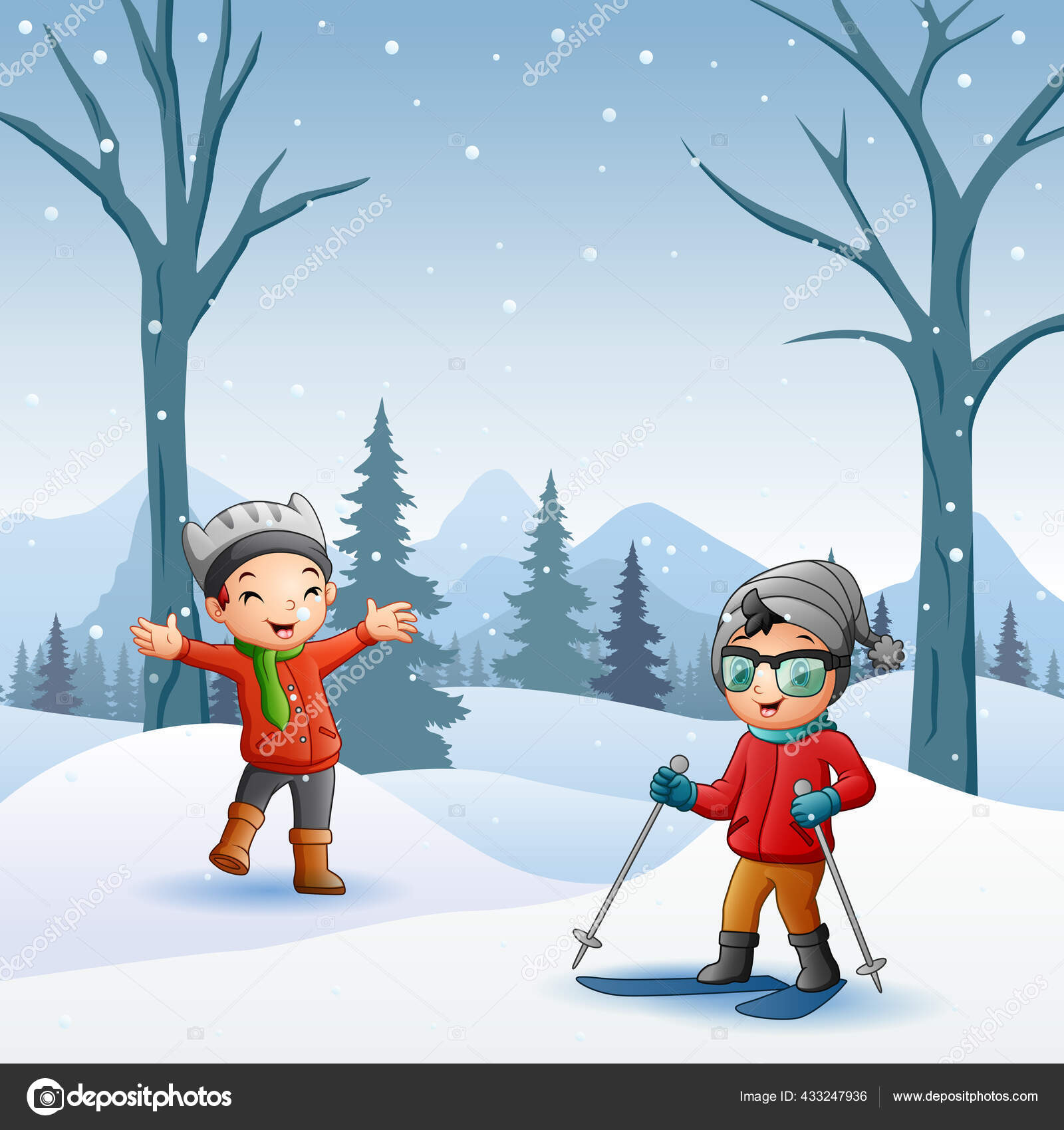 Niños Dibujos Animados Jugando Nieve Vector de Stock de ©dualoro 433247936