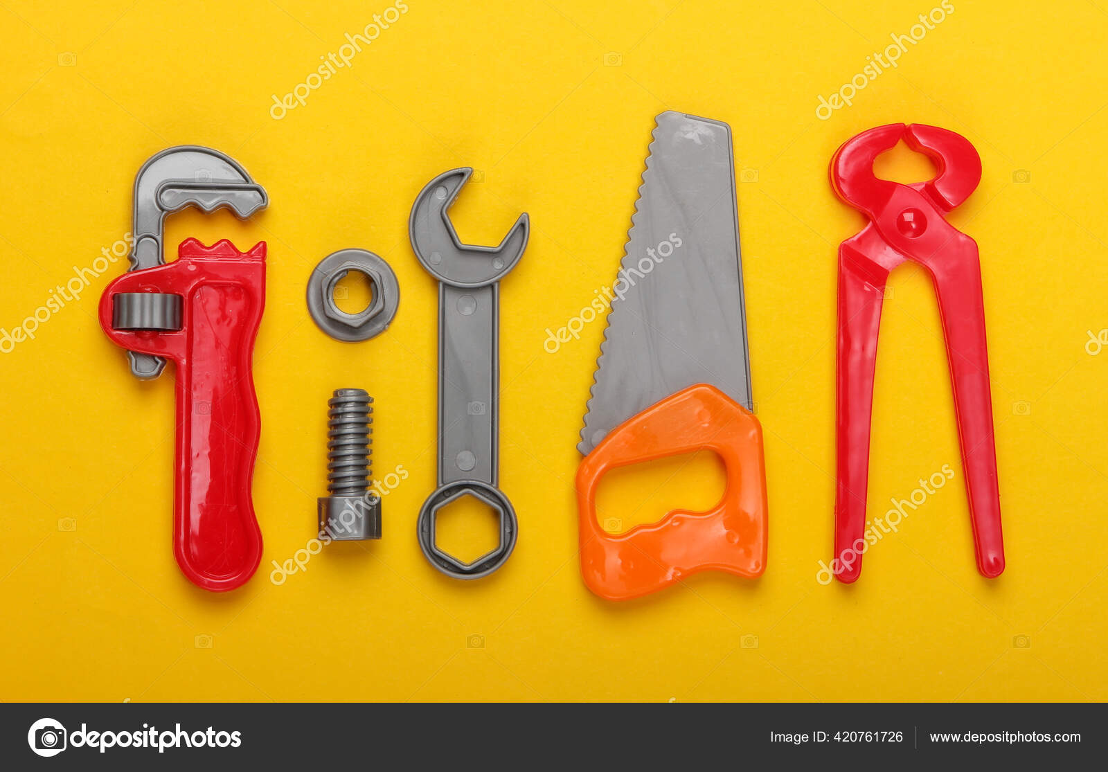 Plastic Children Work Tool Kit Yellow Background Toys Top View — Stock ...