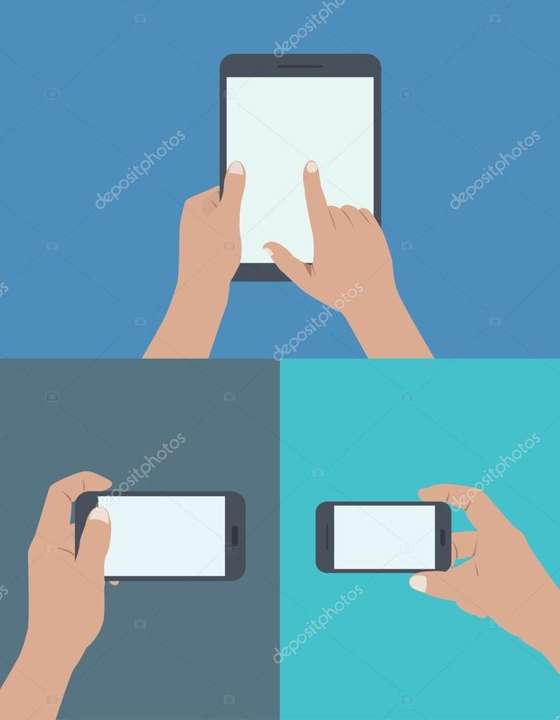 Set of hands holding digital tablet and mobile phone. Stock Vector ...