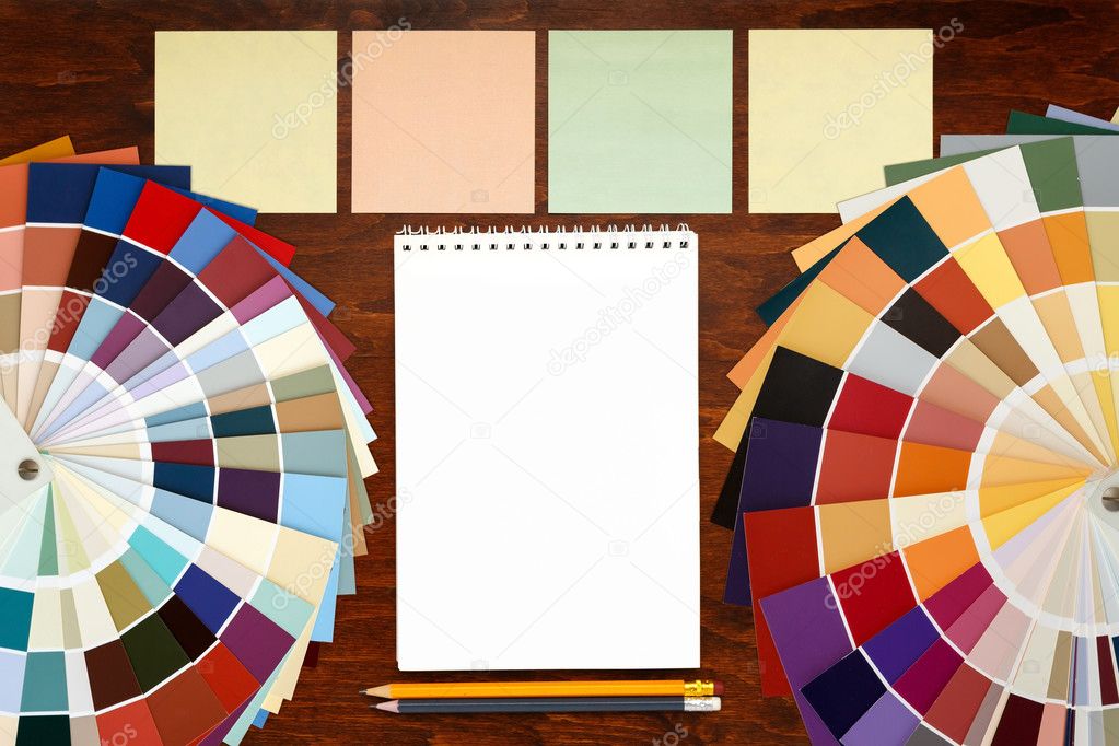 Workplace designer. Color palette guide on the wooden background and ...