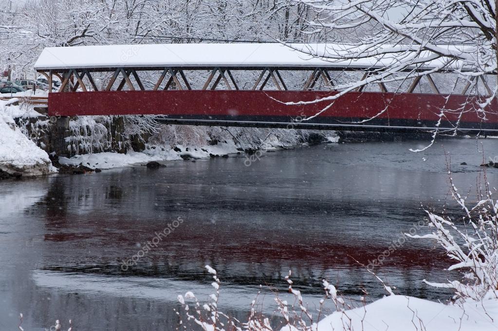 Red Covered Bridge in New England Snowstorm Stock Photo by ©alwoodphoto ...
