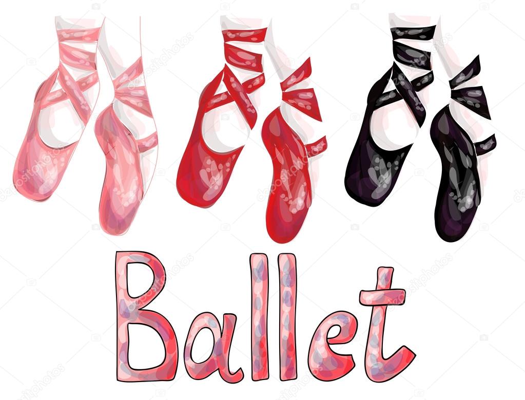 Red, pink and black ballet pointe shoes on white background Stock ...