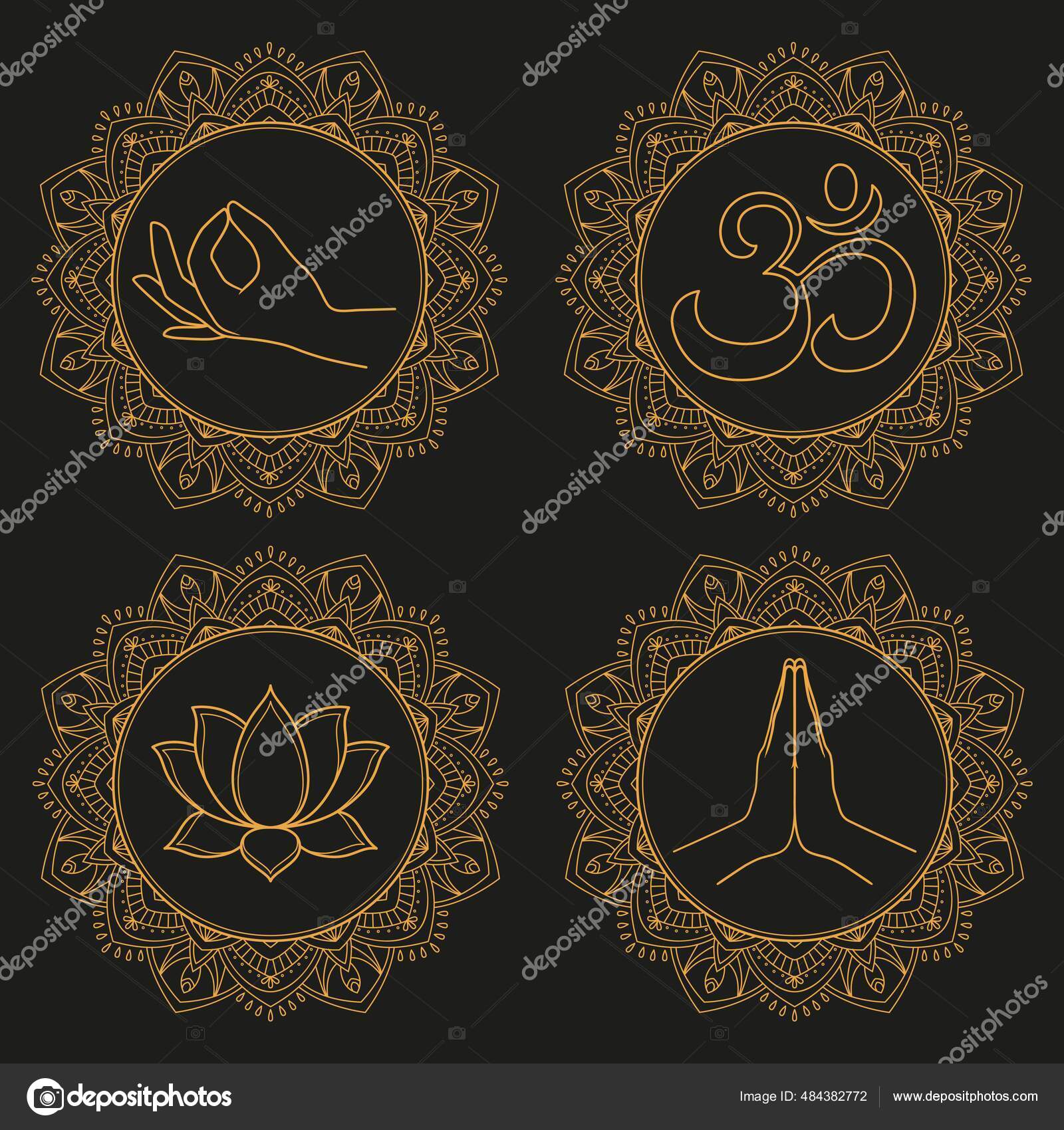 Collection Buddhism Symbols Ornate Background Namaste Lotus Flower Aum ...