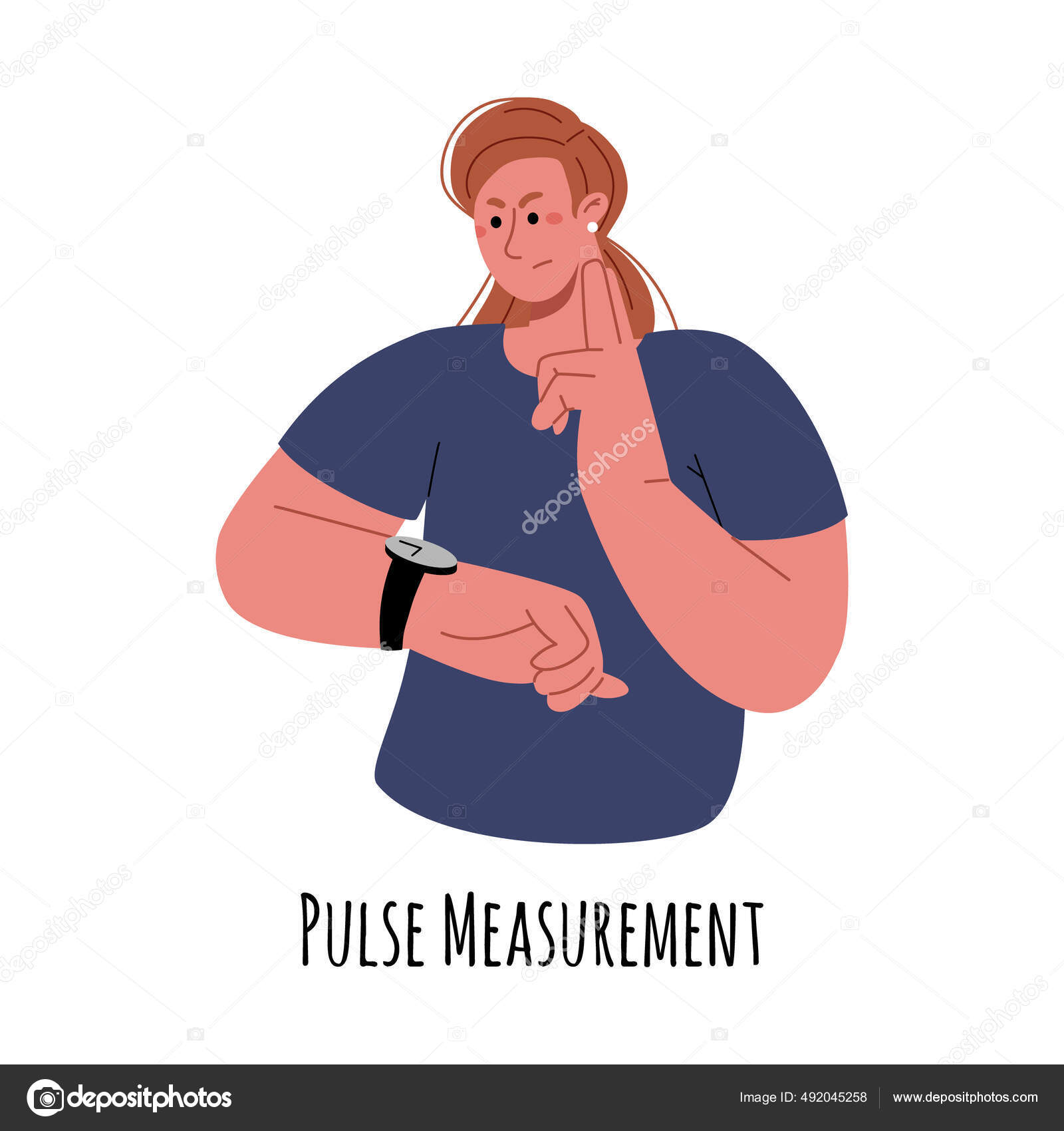Woman measuring pulse with a watch and finger on the neck.Measure the ...