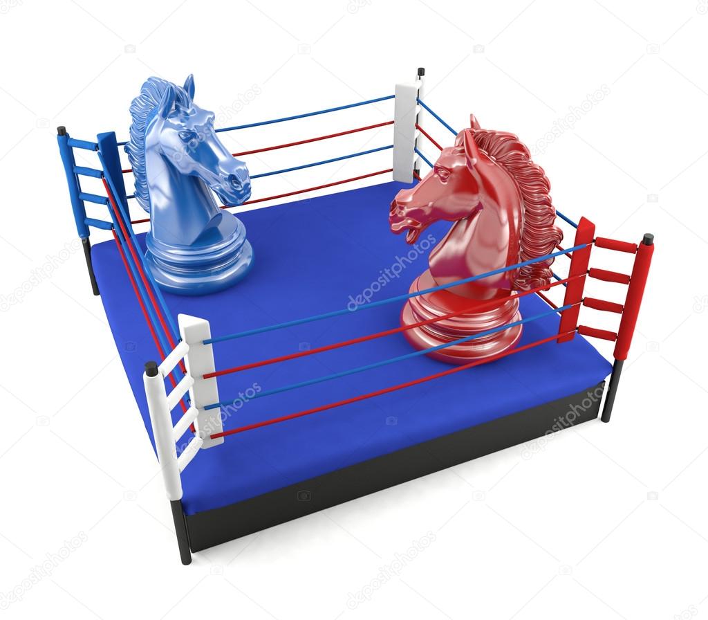 Red and blue chess knight confronting in boxing ring Stock Photo by ...